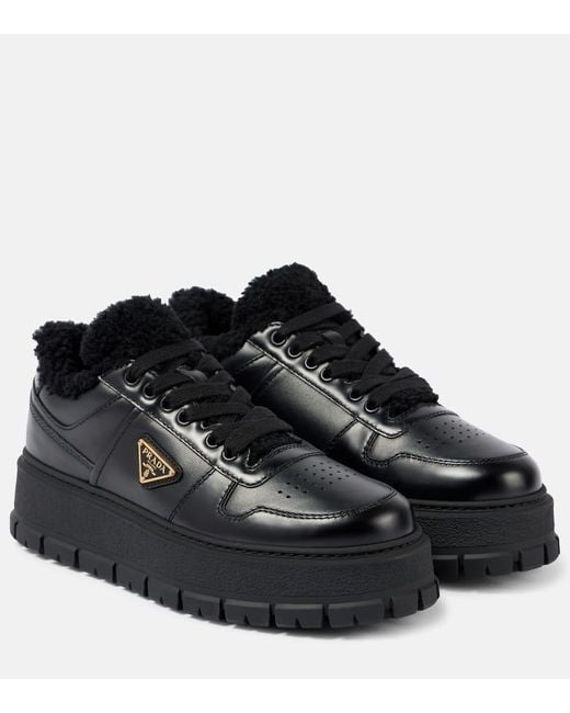Prada Shearling-Lined Leather Platform Sneakers in Black | Lyst