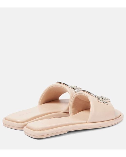 Tory Burch Double T Embellished Leather Slides in Natural | Lyst