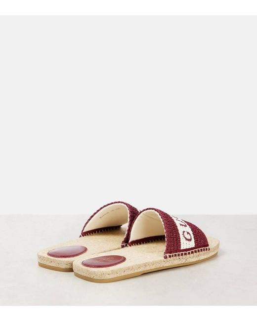 Gucci Logo Embroidered Raffia Espadrille Slides in Brown | Lyst