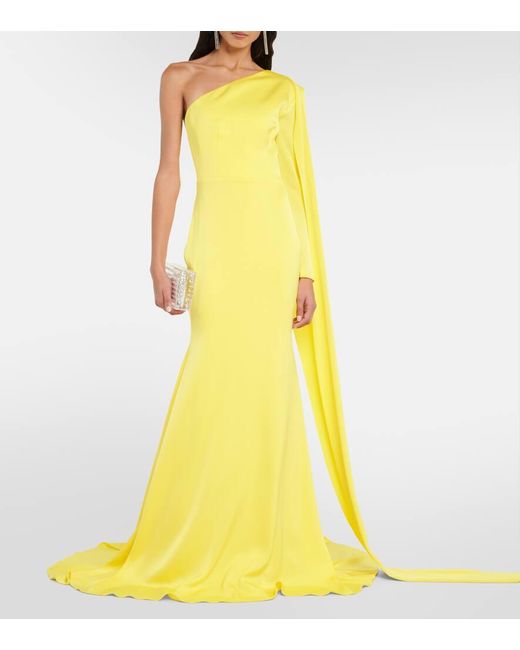 Alex Perry Caped One-Shoulder Satin Gown in Yellow | Lyst