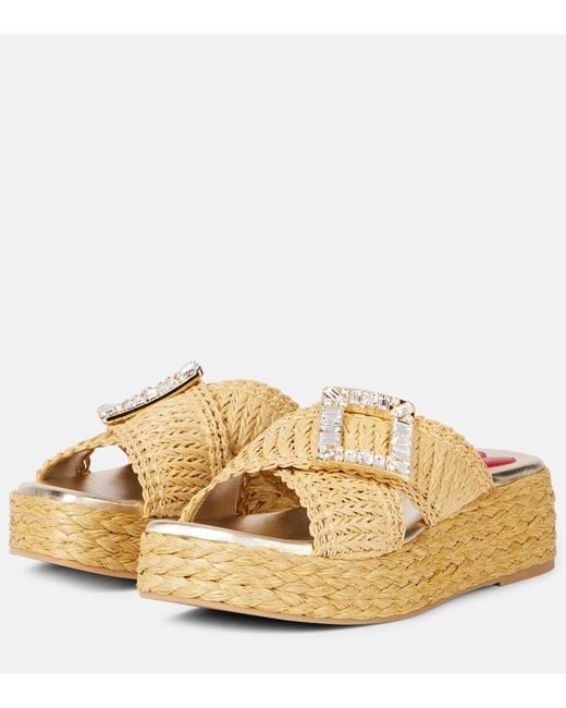 Roger Vivier Embellished Raffia Espadrille Slides in Metallic | Lyst