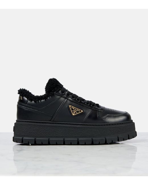 Prada Shearling-Lined Leather Platform Sneakers in Black | Lyst