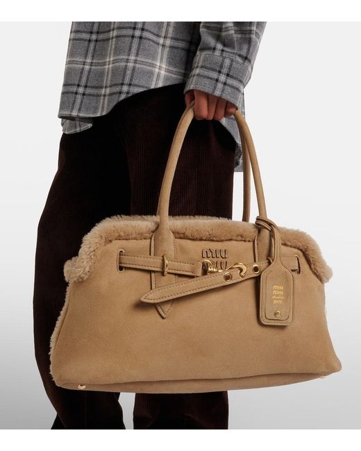 Miu Miu Adventure Shearling-Lined Suede Tote Bag in Natural | Lyst UK
