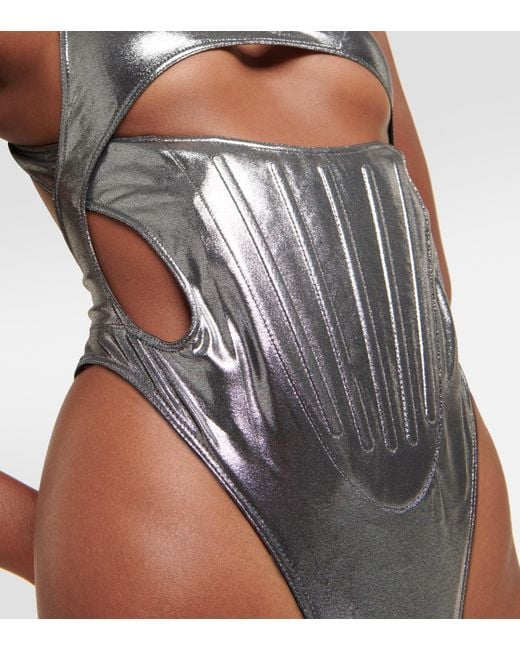 Mugler Cutout Metallic Swimsuit in Gray | Lyst Mugler Cutout Metallic Swimsuit in Gray | Lyst