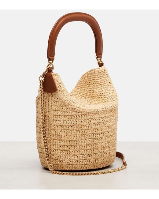 Saint Laurent Gaby Leather-Trimmed Raffia Bucket Bag in White | Lyst