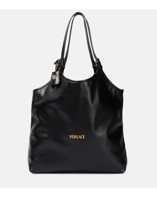 Versace Tag Large Leather Tote Bag in Black | Lyst