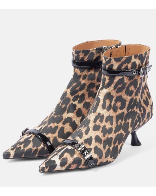Ganni Leopard-Print Satin Ankle Boots in Brown | Lyst