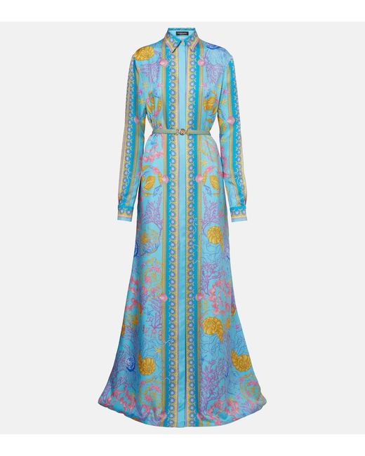 Versace Underwater Barocco Silk Twill Maxi Dress in Blue | Lyst