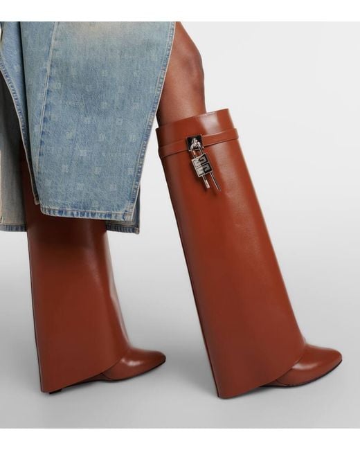 Givenchy Shark Lock Leather Knee-High Boots in Brown | Lyst