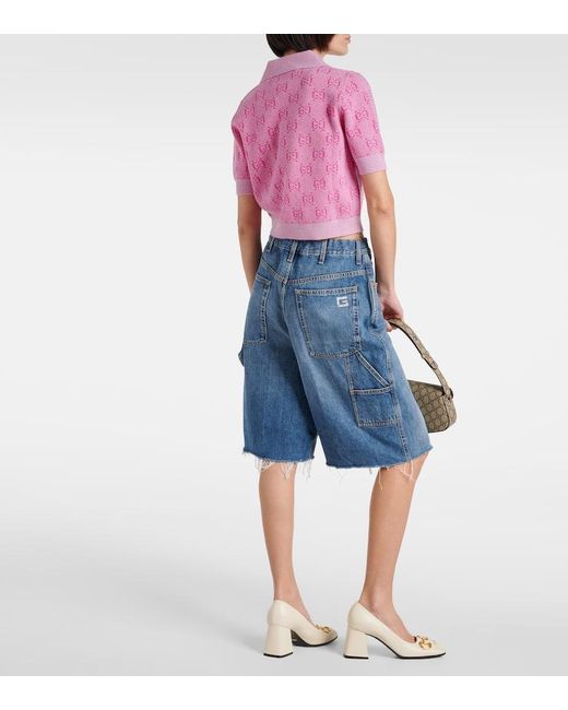 Gucci Gg Cropped Wool Jacquard Polo Shirt in Pink | Lyst