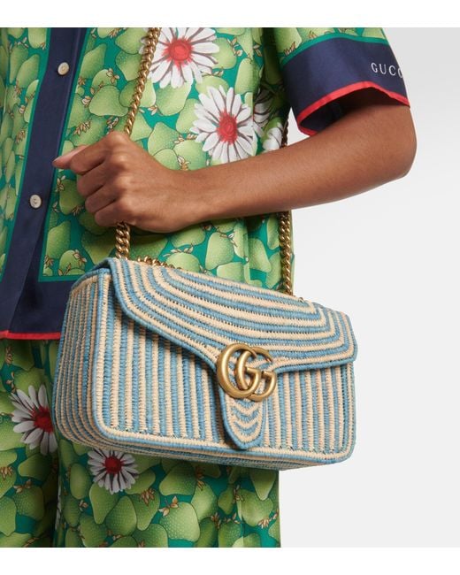Gucci GG Marmont Small Raffia Shoulder Bag in Blue | Lyst