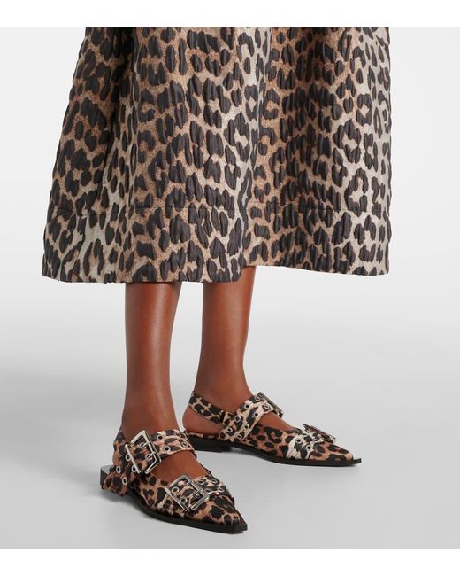 Ganni Leopard-print Satin Slingback Flats in Brown | Lyst