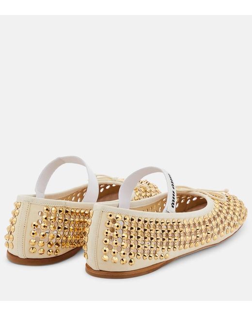 Miu Miu Crystal-Embellished Leather Ballet Flats in Natural | Lyst