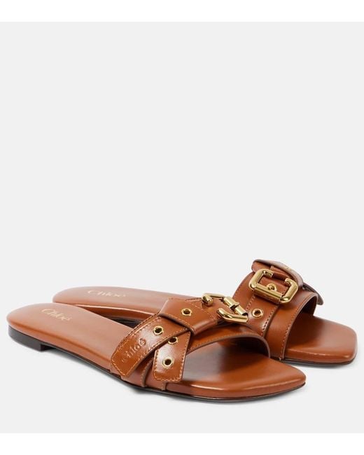 Chloé Mae Leather Slides in Brown | Lyst