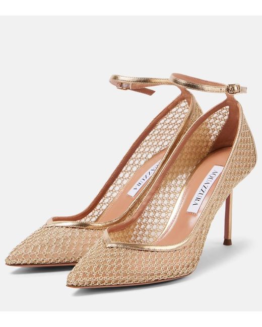Aquazzura Asha 85 Leather-Trimmed Mesh Pumps in Natural | Lyst
