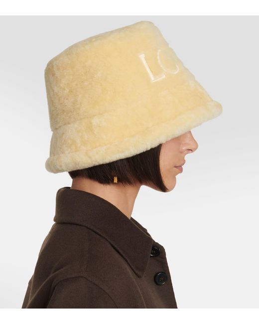 Loewe Logo Shearling Bucket Hat in Natural | Lyst