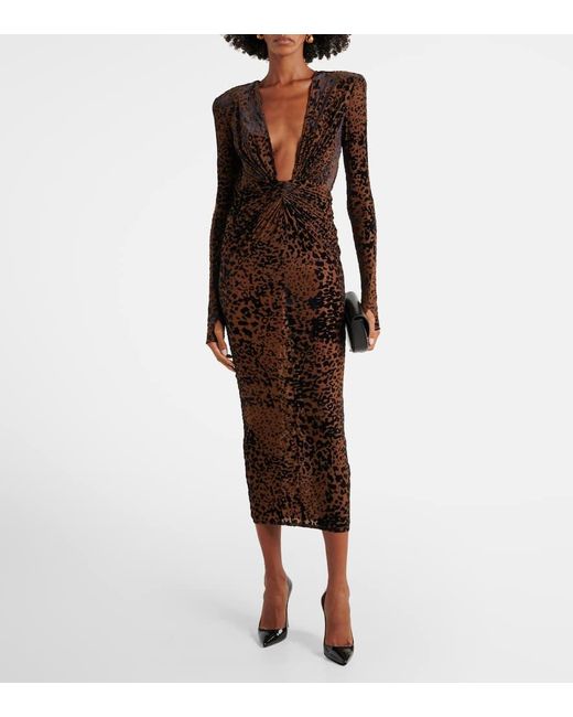Alex Perry Leopard-Print Ruched Midi Dress in Brown | Lyst