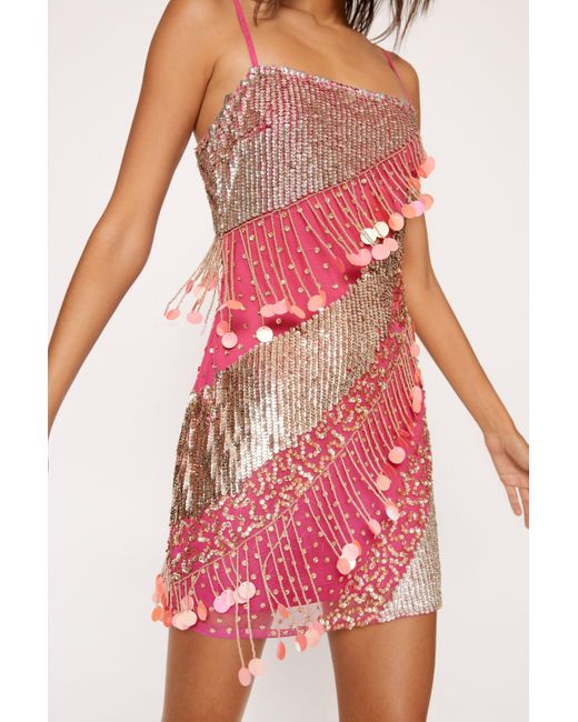 Nasty Gal Stripe Sequin Tassel Beaded Mini Dress In Pink Lyst