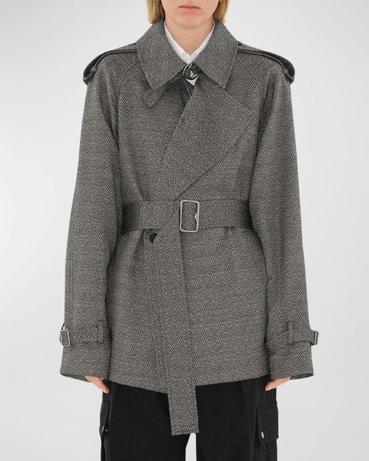 Burberry Chevron Belted Double-Breasted Trench Jacket in Gray | Lyst