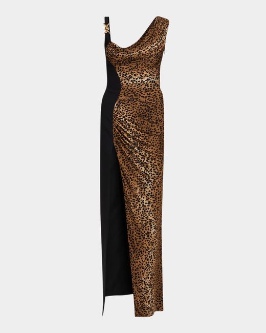 Versace Leopard-Print Draped Liquid Jersey Slit Gown in Brown | Lyst