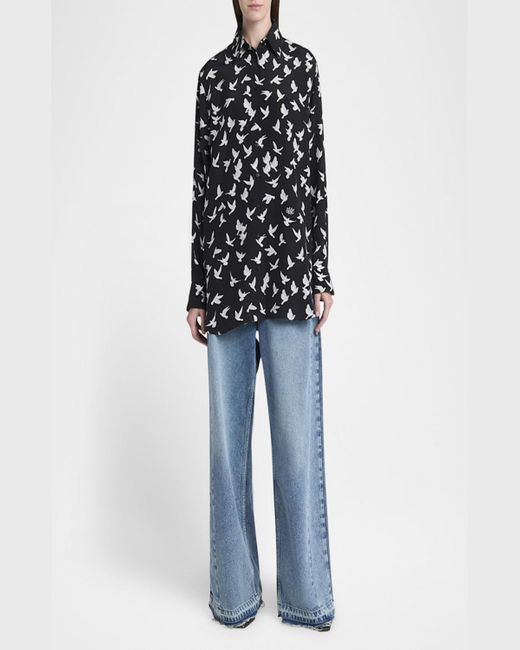 Stella McCartney Flying Bird Silk Oversized Button-Down Shirt in Black | Lyst
