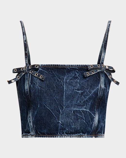 Ganni Crinkled Denim Bow Strap Top in Blue | Lyst