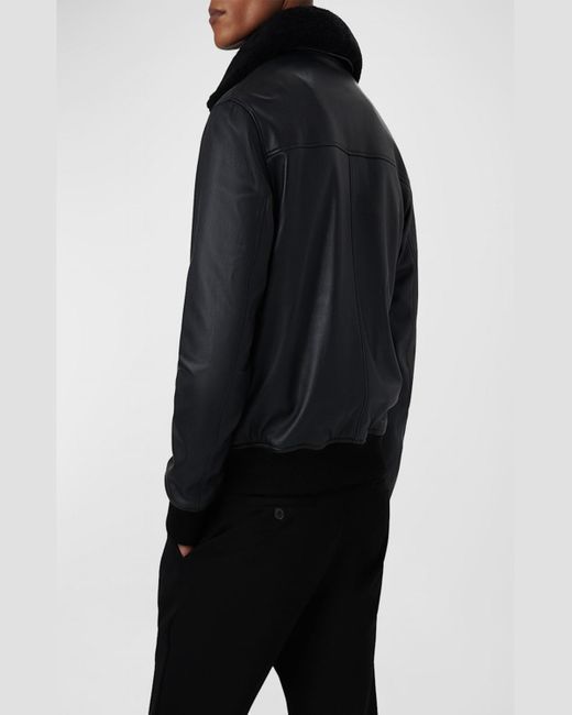 Bugatchi Shearling-collar Leather Bomber Jacket in Black for Men | Lyst