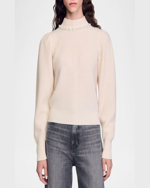 Sandro Lisa Beaded Wool-Cashmere Sweater in White | Lyst