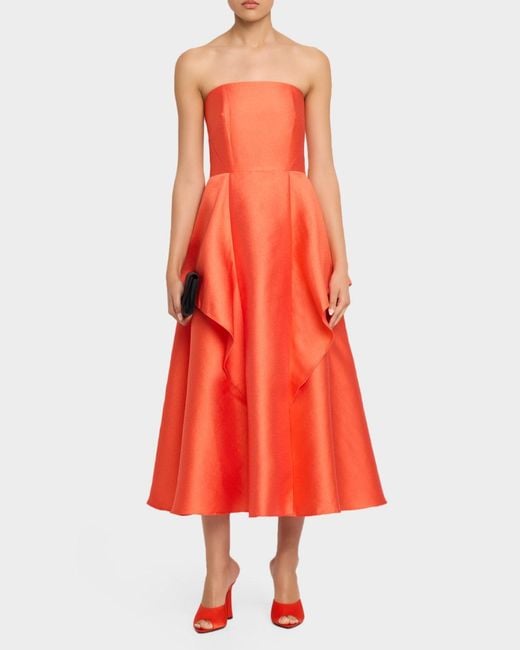 Shoshanna Pippa Strapless Draped Mikado Midi Dress in Red | Lyst