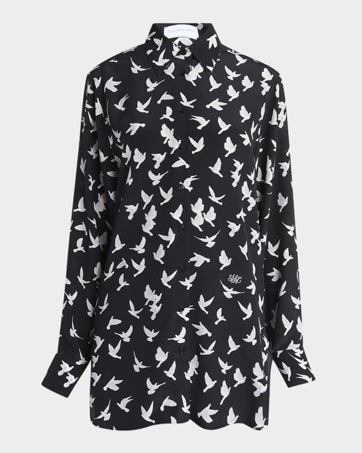 Stella McCartney Flying Bird Silk Oversized Button-Down Shirt in Black | Lyst