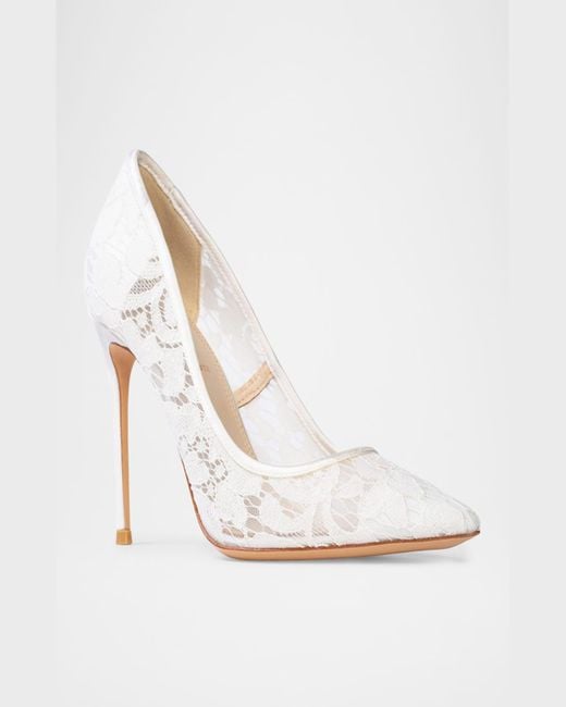 Black Suede Studio Lace Satin Stiletto Pumps in White | Lyst