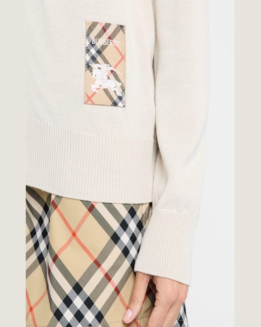 Burberry Logo Patch V-Neck Cardigan in Natural | Lyst