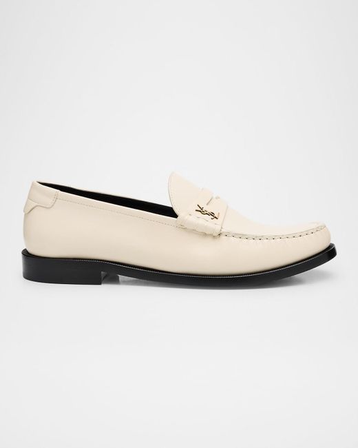 Saint Laurent Le Leather Ysl Penny Loafers in White | Lyst
