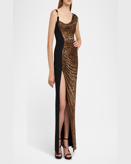 Versace Leopard-Print Draped Liquid Jersey Slit Gown in Brown | Lyst
