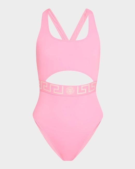 Versace Greca Border Cutout One-Piece Swimsuit in Pink | Lyst