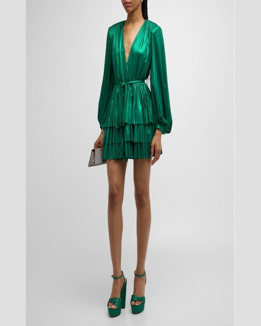 Bronx and Banco Bedouin Tiered Deep V-Neck Metallic Mini Dress in Green ...