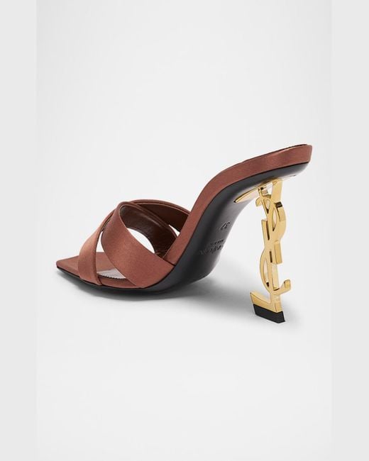 Saint Laurent Opyum Ysl Logo-Heel Satin Slide Sandals in Brown | Lyst