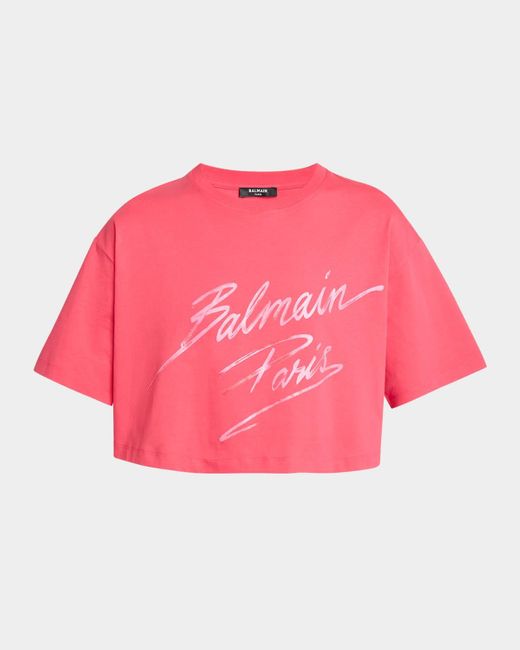 Balmain Logo Baseball Crop T-Shirt in Pink | Lyst