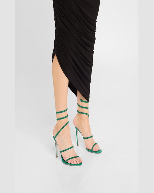 Rene Caovilla Cleo Satin Crystal Snake Wrap Sandals in Green | Lyst