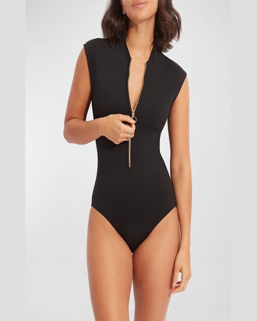Seafolly Zip-Front Rashguard One-Piece Swimsuit in Black | Lyst