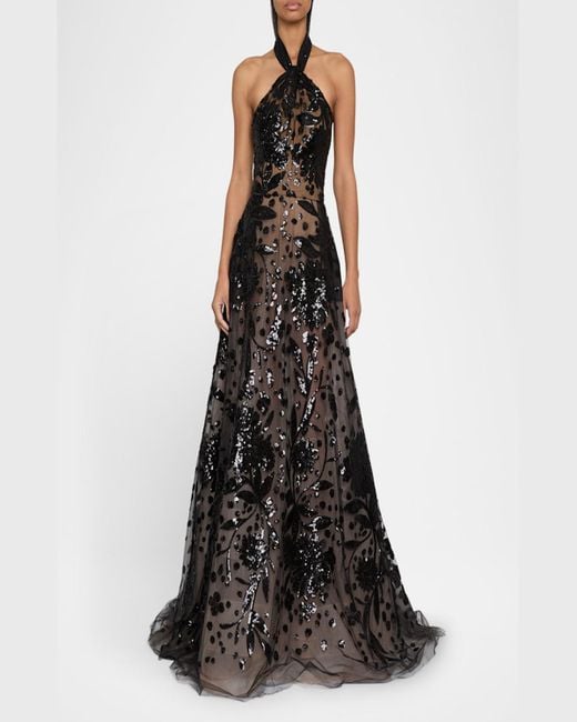 Elie Saab Floral Sequin Tulle Halter Gown in Black | Lyst