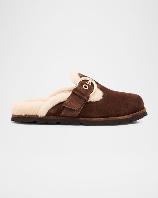 Stuart Weitzman Chrystie Shearling-Lined Suede Mules in Brown | Lyst