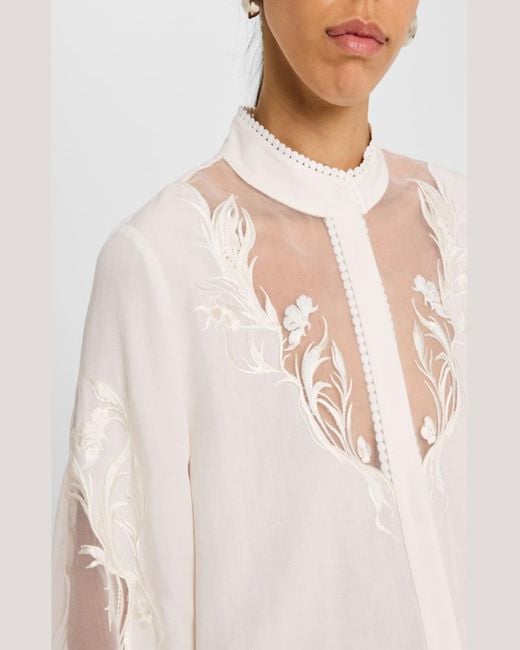 Kobi Halperin Angela Embroidered Sheer-Inset Blouse in Natural | Lyst