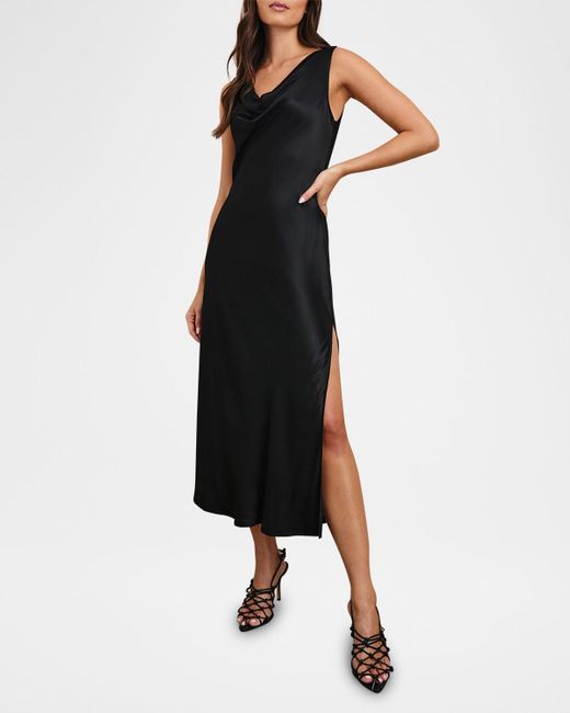 Rails Nat Satin Cowl-Neck Midi Dress in Black | Lyst
