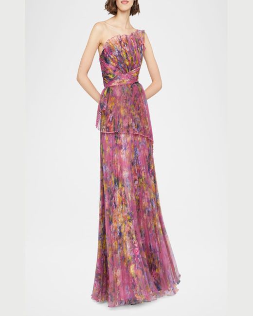 THEIA Nicolette Pleated Floral-Print Organza Gown in Purple | Lyst