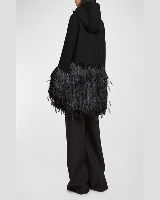 Valentino Garavani Montgomery Raffia Fringe Hooded Wool Coat in Black ...