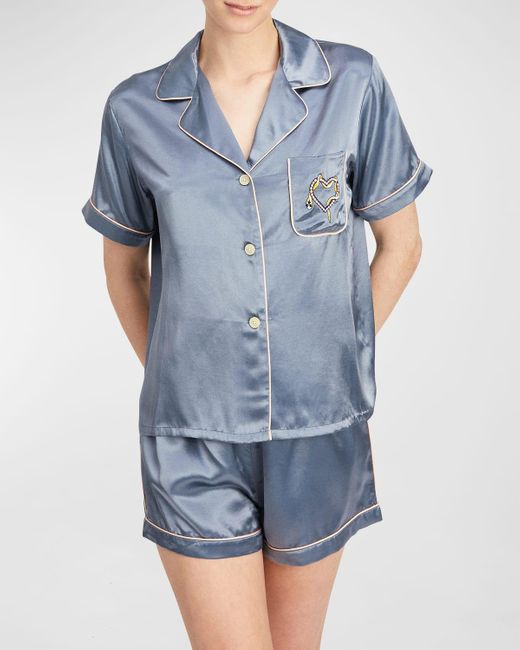Morgan Lane Katelyn Fiona Embroidered Silk Pajama Set In Blue Lyst