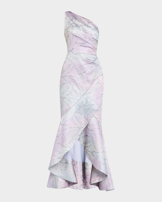 Teri Jon High-Low Metallic Jacquard Gown in White | Lyst