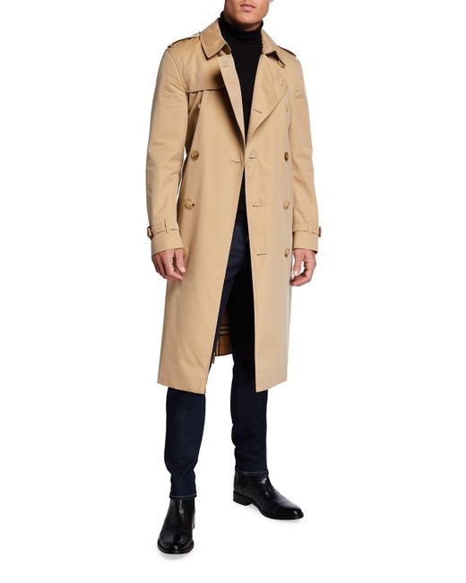 Burberry Kensington Double Breasted Long Trench Coat In Natural For Men