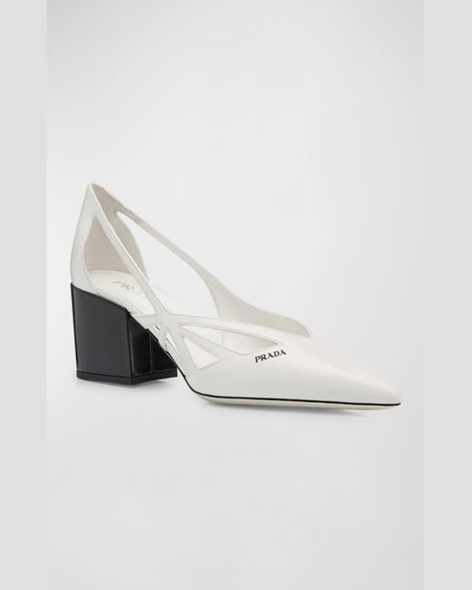 Prada Cutout Leather Block-Heel Pumps in White | Lyst